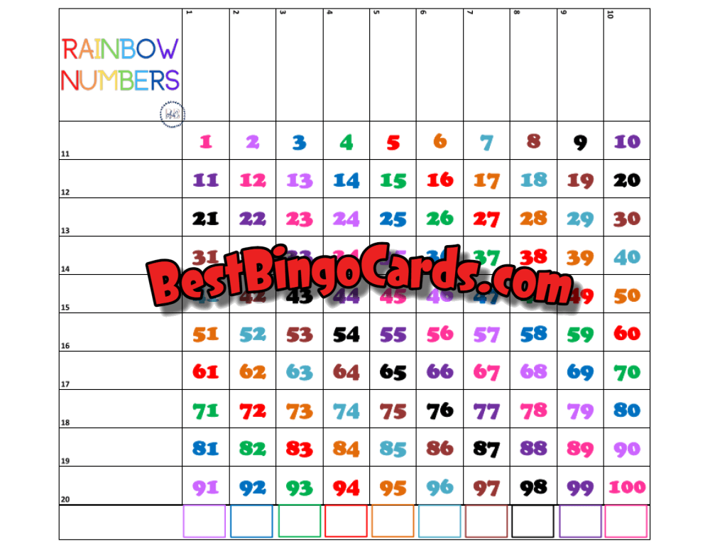 Bingo Boards 100 Ball Grid - Rainbow Numbers - Straight